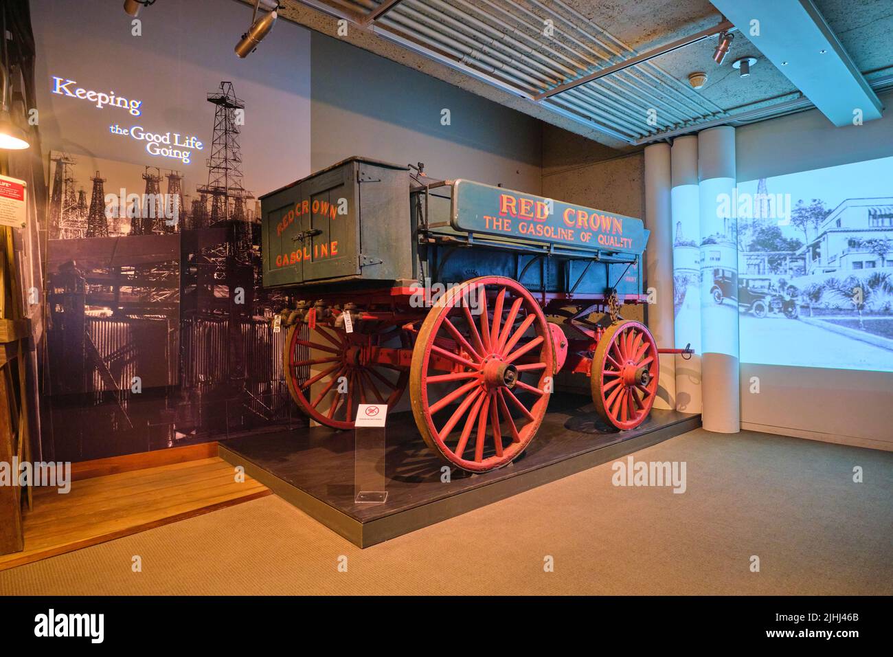 Display of a typical horse drawn work wagon, used in the oil fields ...