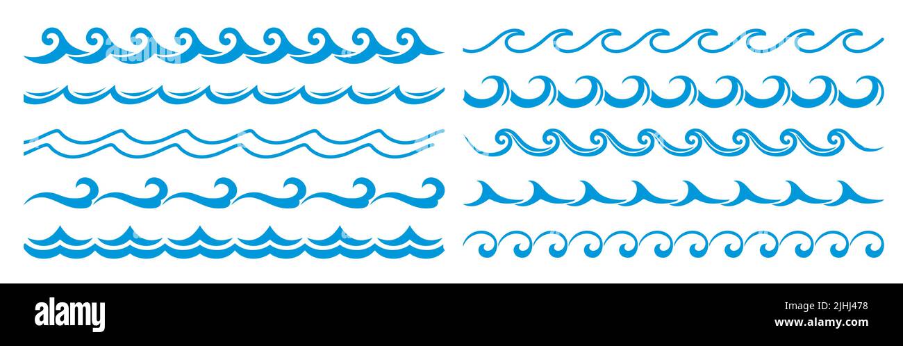 Sea and ocean surf wave line, blue water wave borders, frame lines and ...