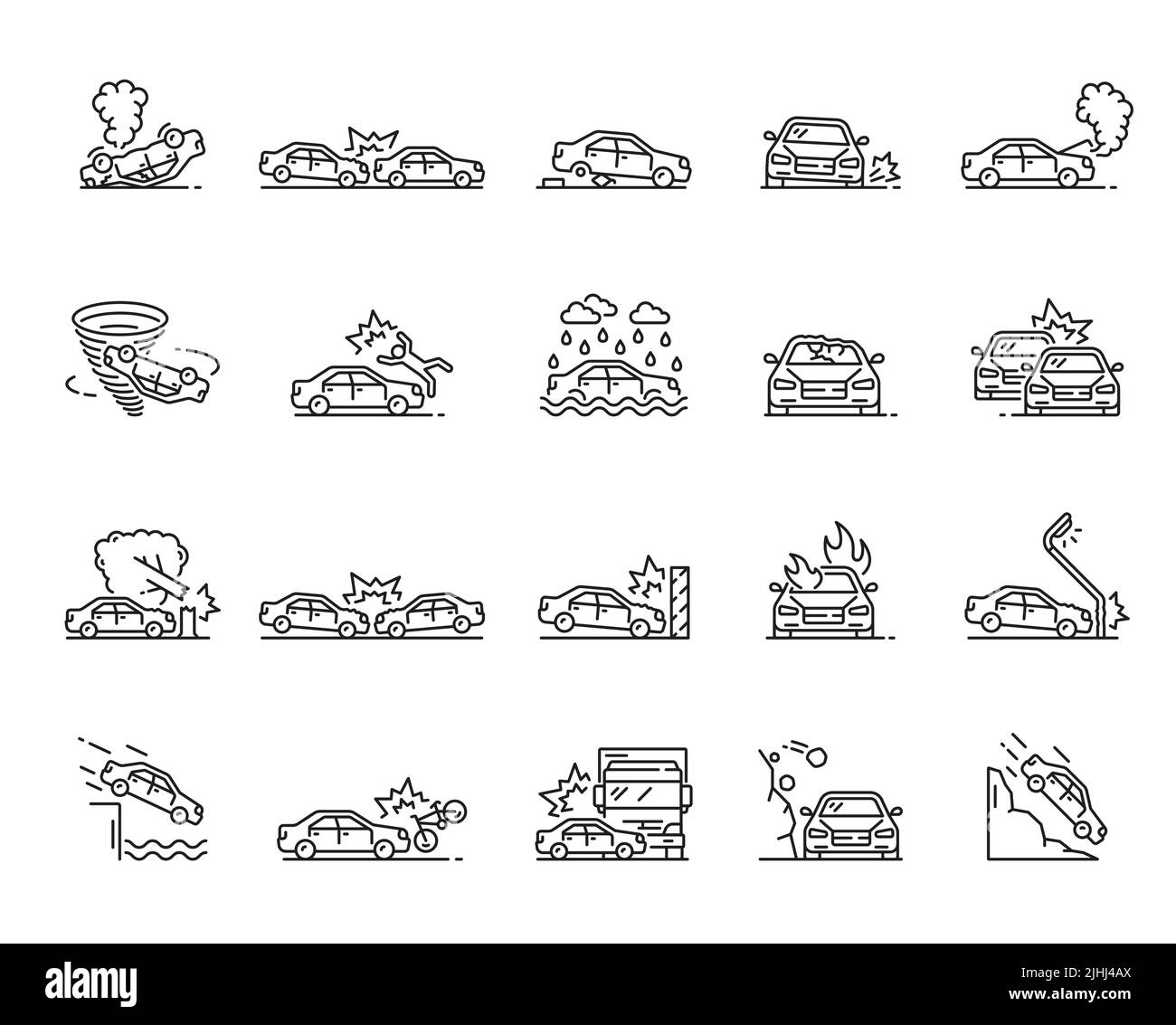 Car accident, collision and damage in natural disaster thin line icon ...