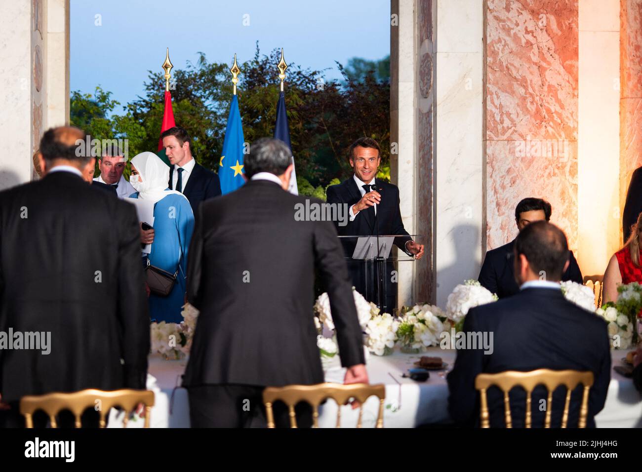 French President Emmanuel Macron takes part in a state dinner at the ...