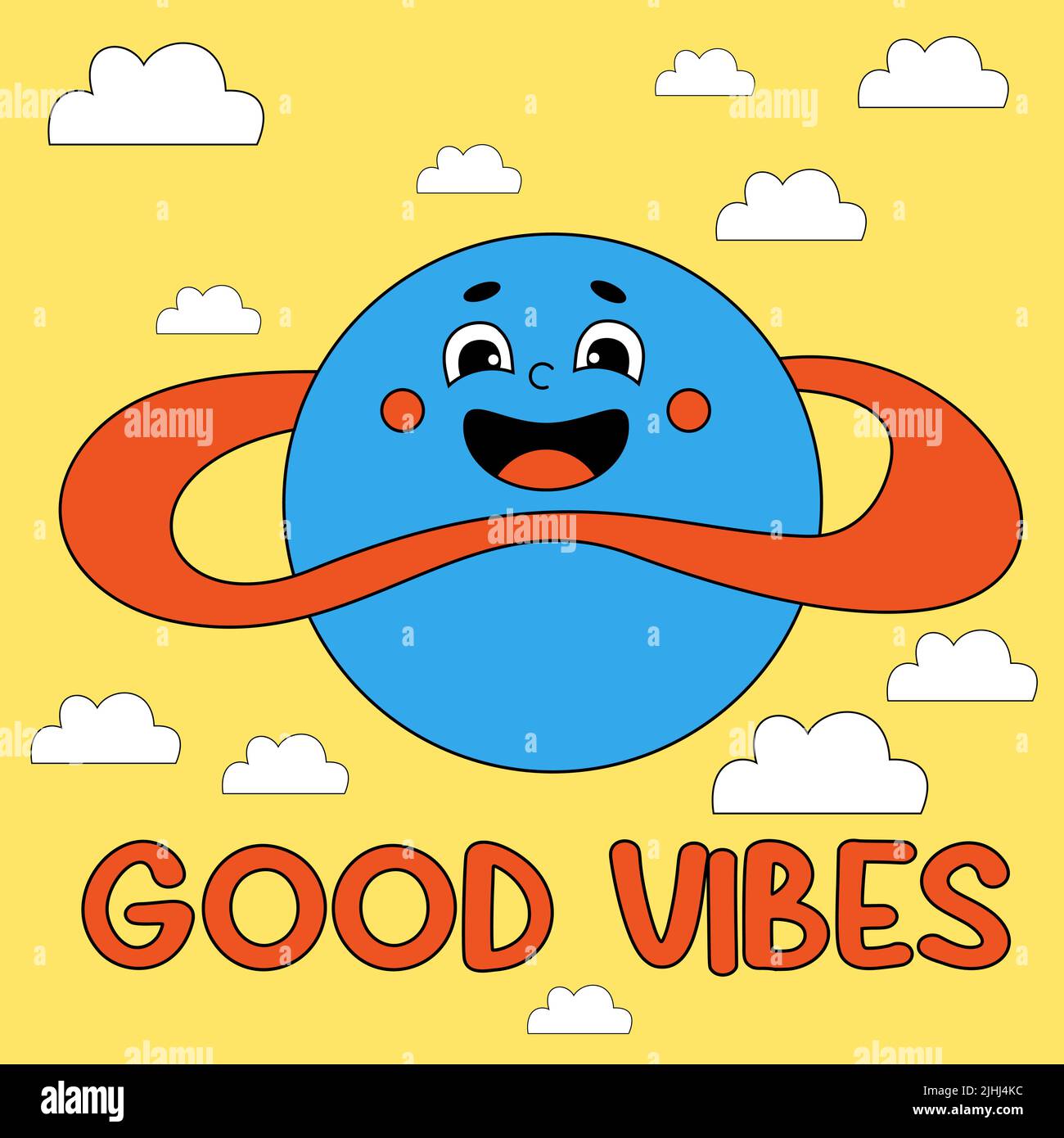 Funny cartoon character. Groovy element funky space planet on sky with ...