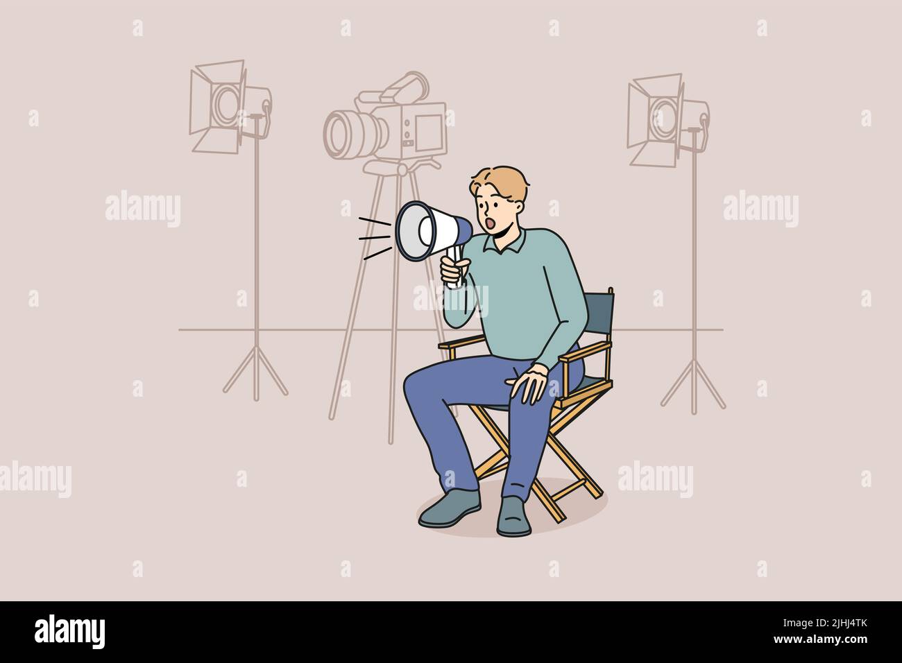 Film producer sitting on chair screaming in megaphone at shooting. Man ...
