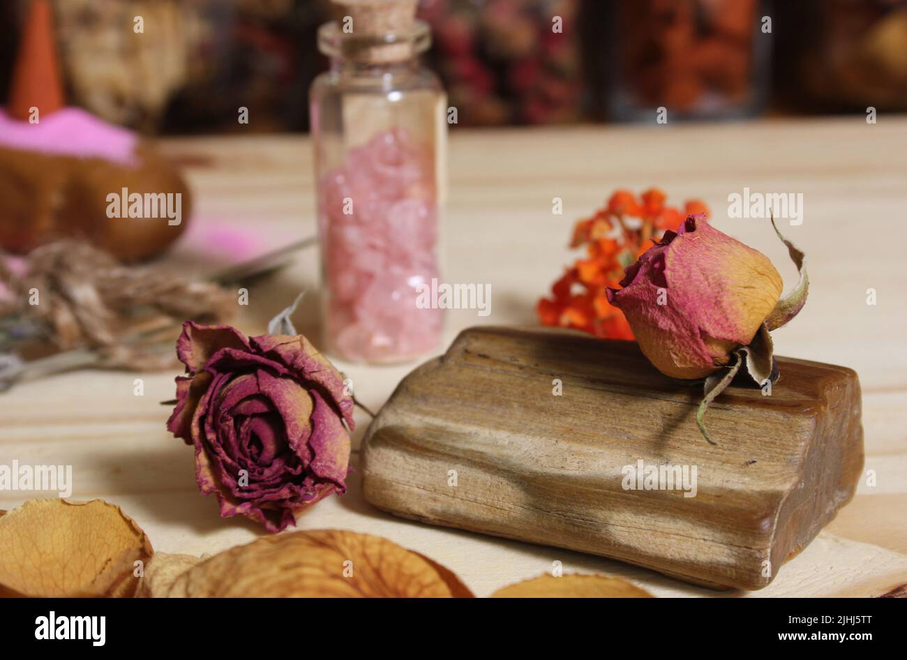 Dried Rose Petals and Dried Lavender With Crystals and Petrified Wood ...
