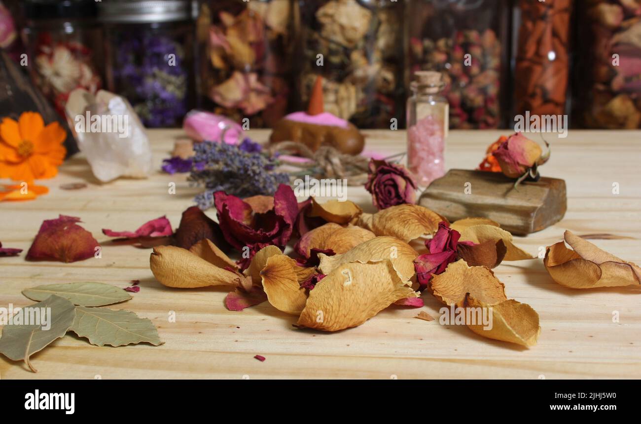 Dried Rose Petals and Dried Lavender With Crystals and Petrified Wood ...