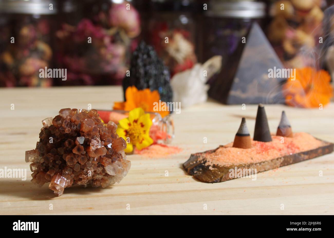 Aragonite Crystal With Incense and Stone Pyramid on Meditation Table ...