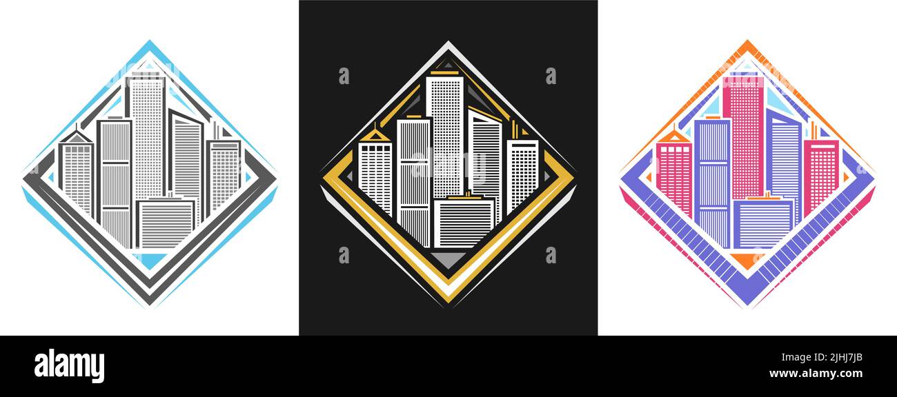 Vector set of Urban Logos, three monochrome rhombus labels with simple ...