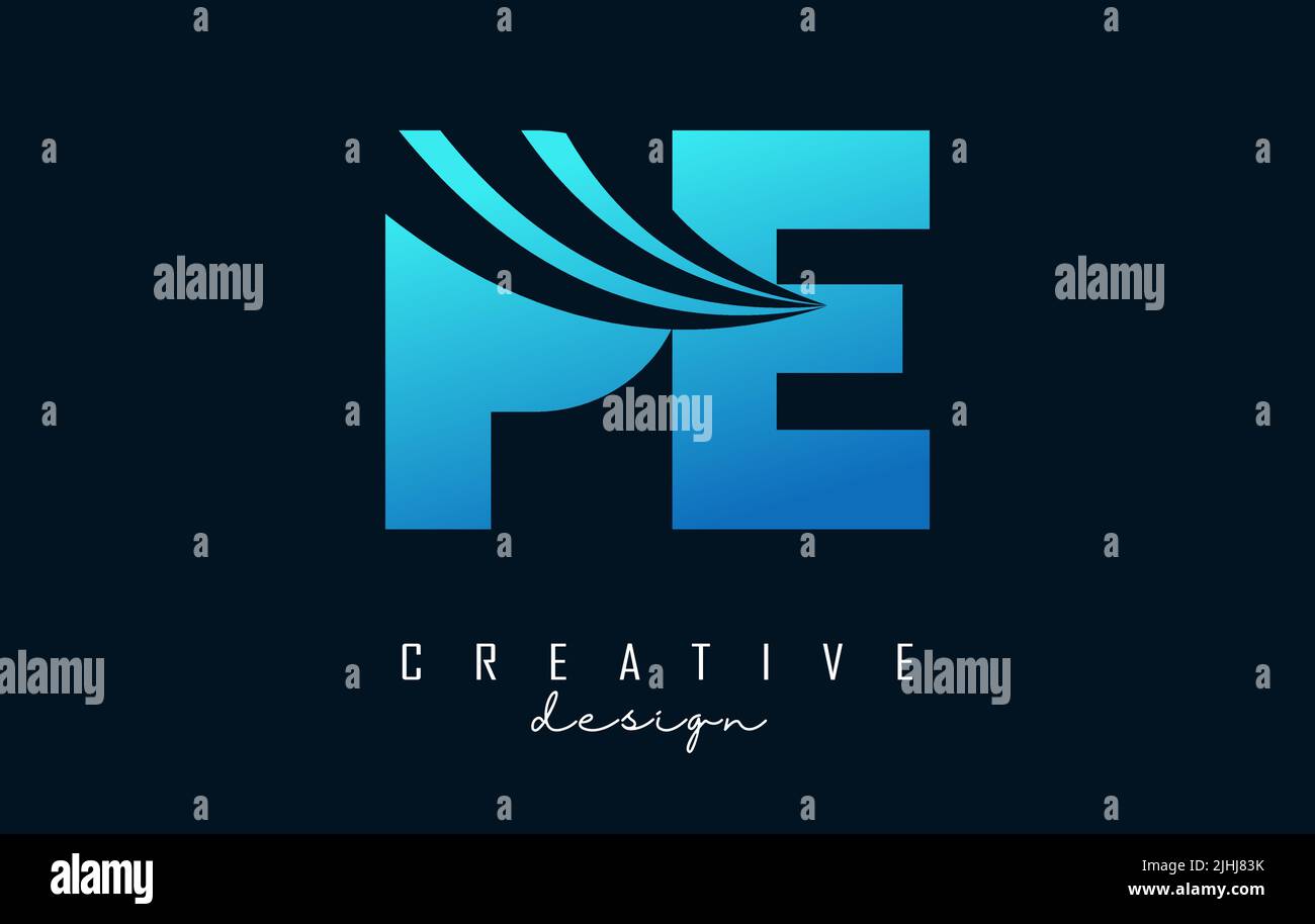 Creative blue letter Pe p e logo with leading lines and road concept ...