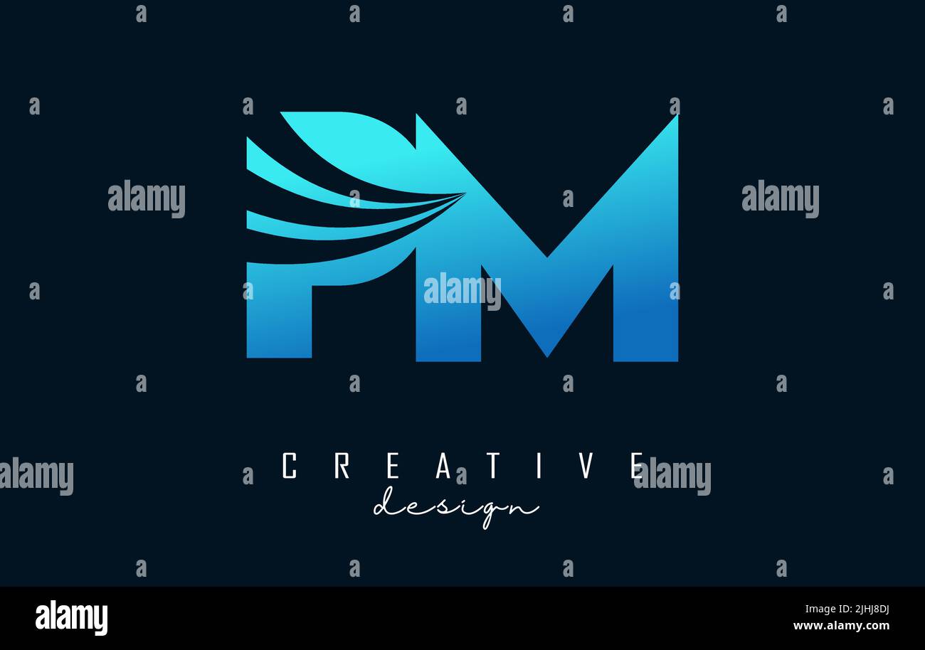 Creative blue letter Pm p m logo with leading lines and road concept ...