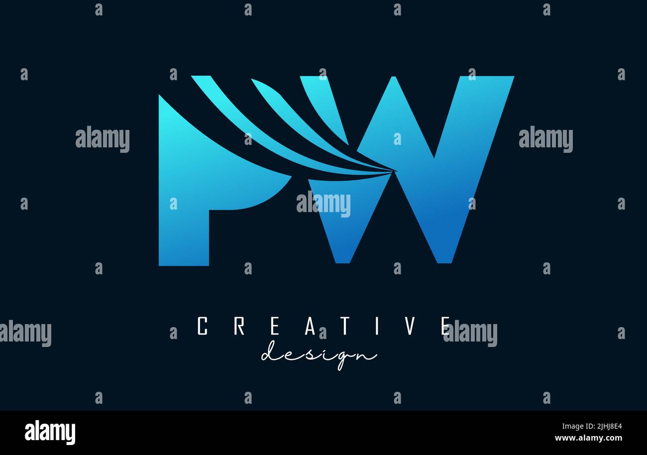 Creative blue letter PW p w logo with leading lines and road concept ...
