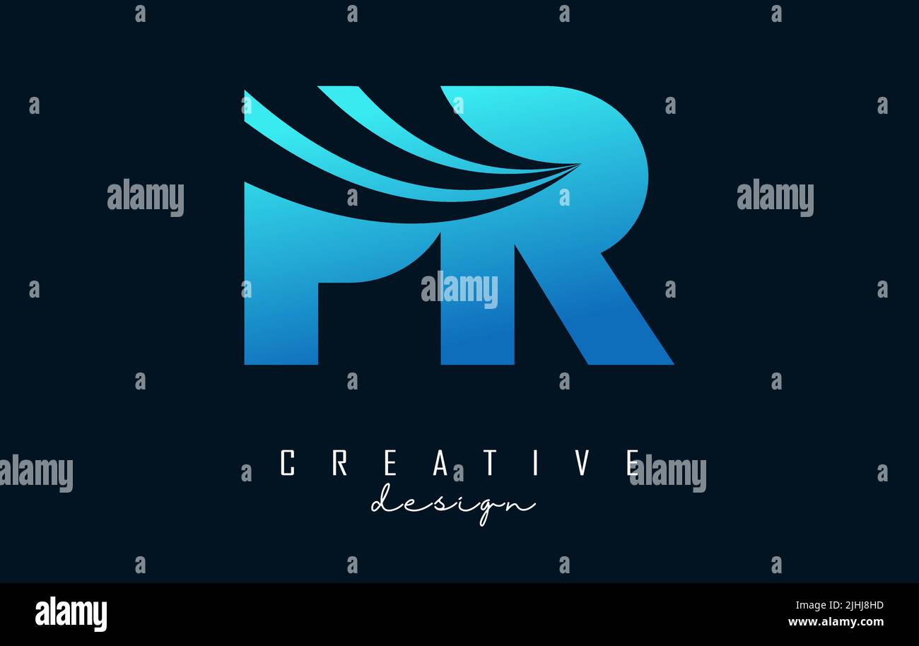 Creative blue letter PR p r logo with leading lines and road concept ...