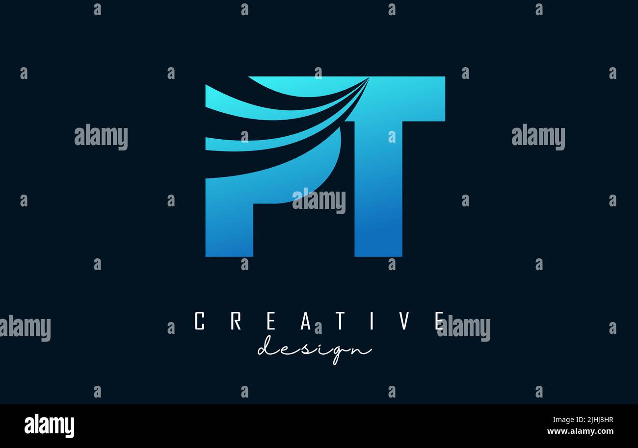 Creative blue letter PT p t logo with leading lines and road concept ...