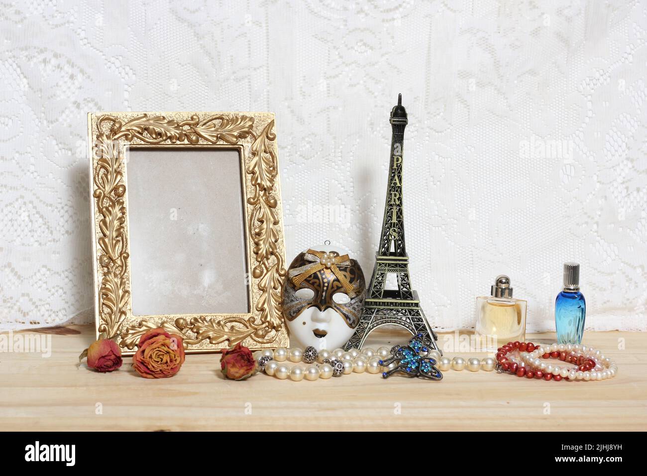Empty Photo Frame With Eiffel Tower and Carnival Mask on Lace ...