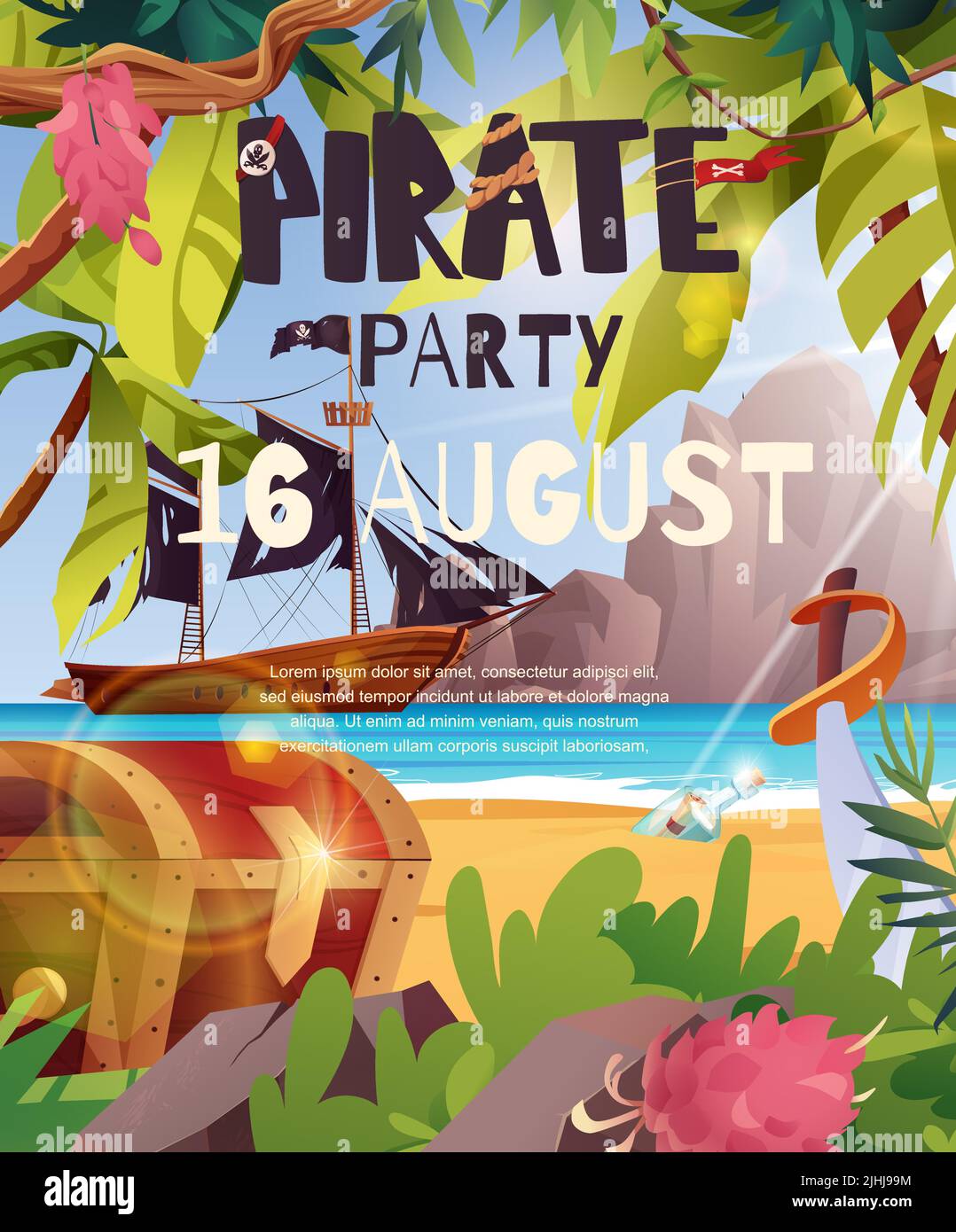 Pirates party invitation poster. Sailing pirate ship with black flags ...