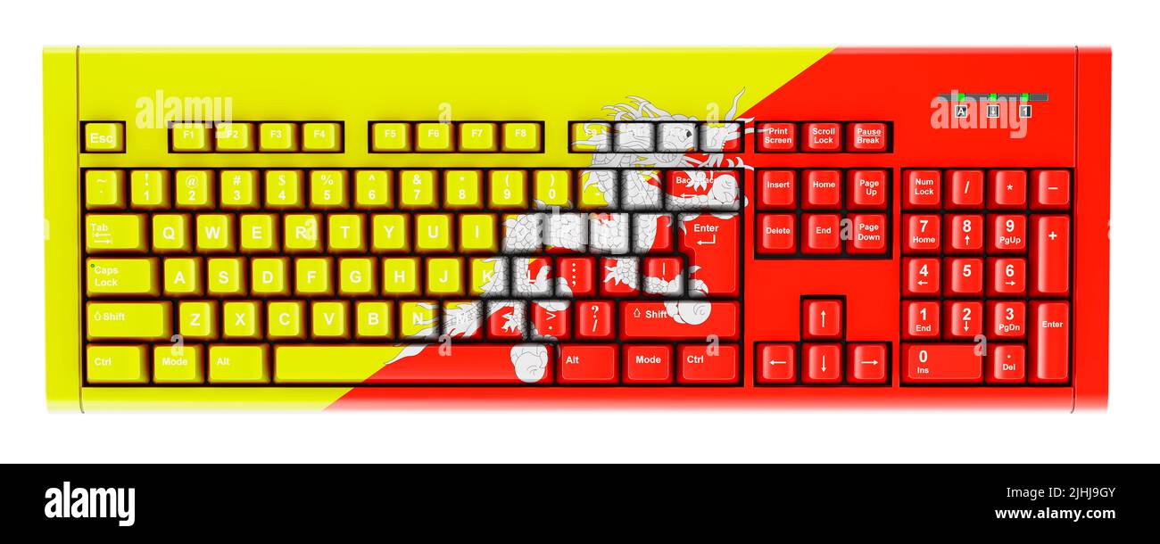 Bhutanese flag painted on computer keyboard. 3D rendering isolated on ...