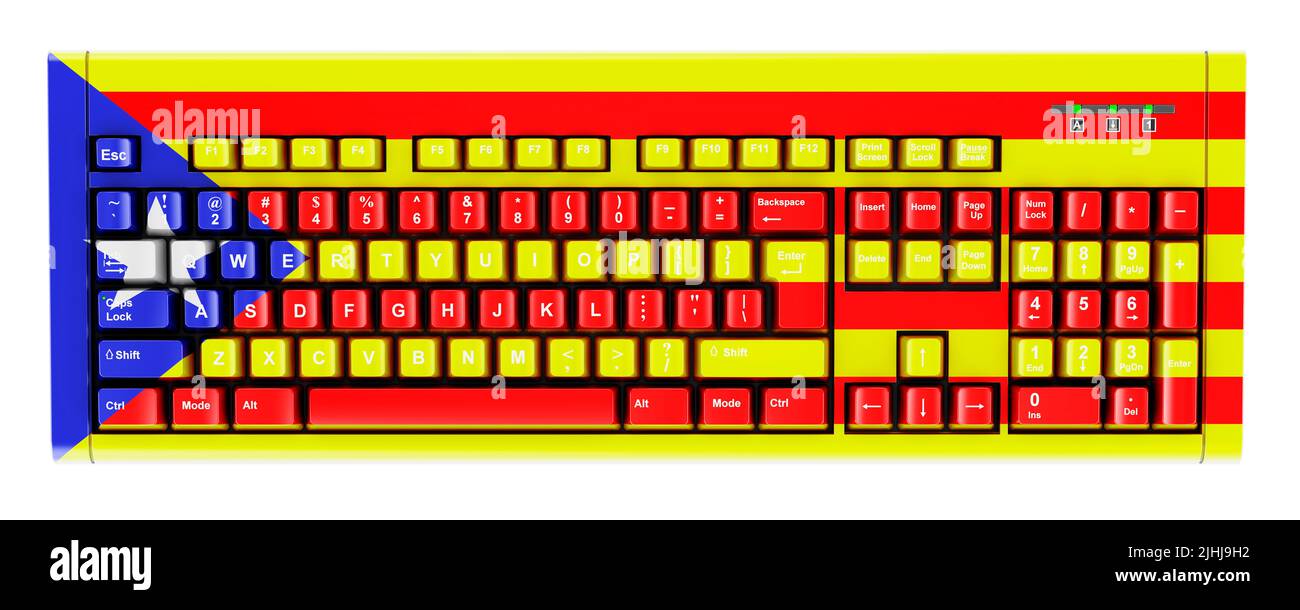 Catalan flag painted on computer keyboard. 3D rendering isolated on ...