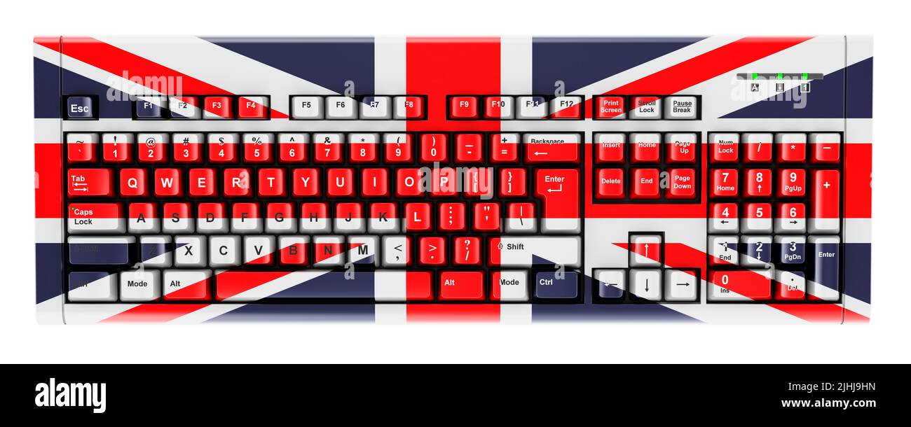 British flag painted on computer keyboard. 3D rendering isolated on ...