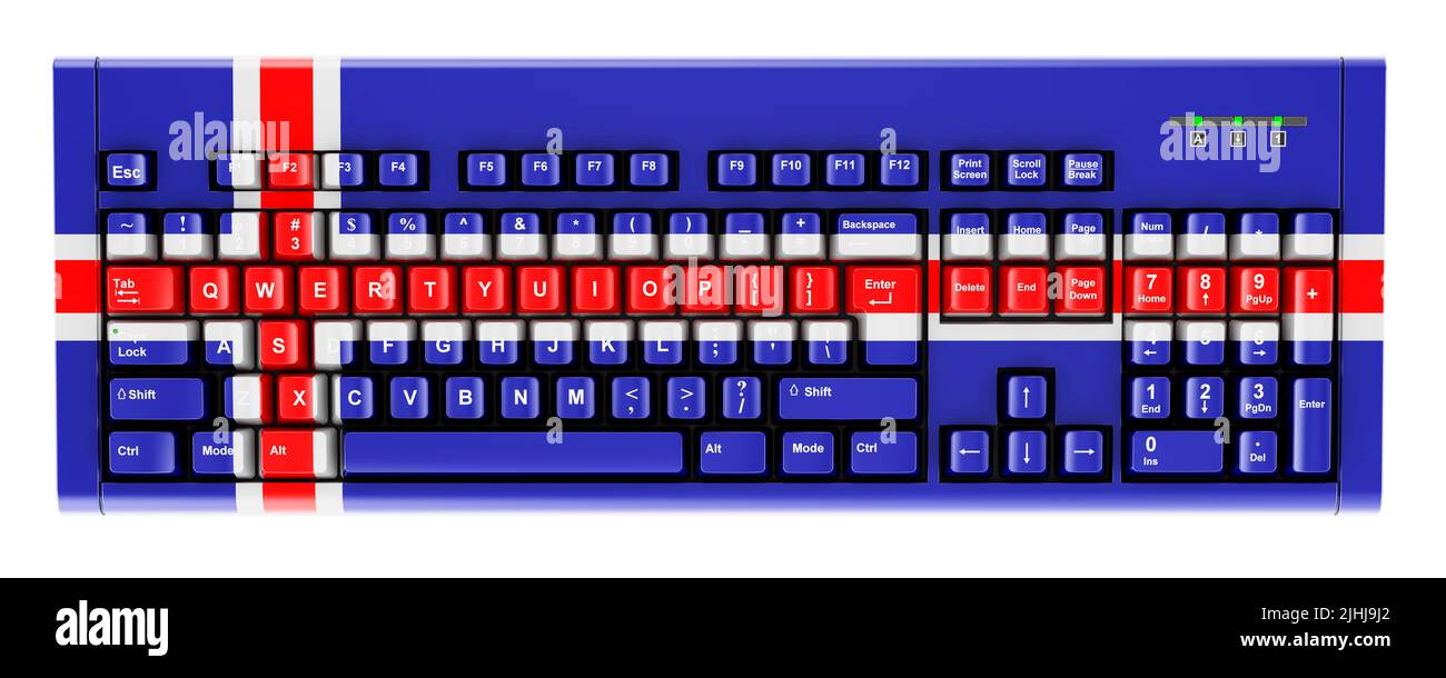 Icelandic flag painted on computer keyboard. 3D rendering isolated on ...