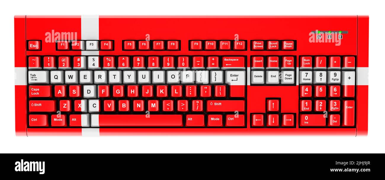 Danish flag painted on computer keyboard. 3D rendering isolated on ...