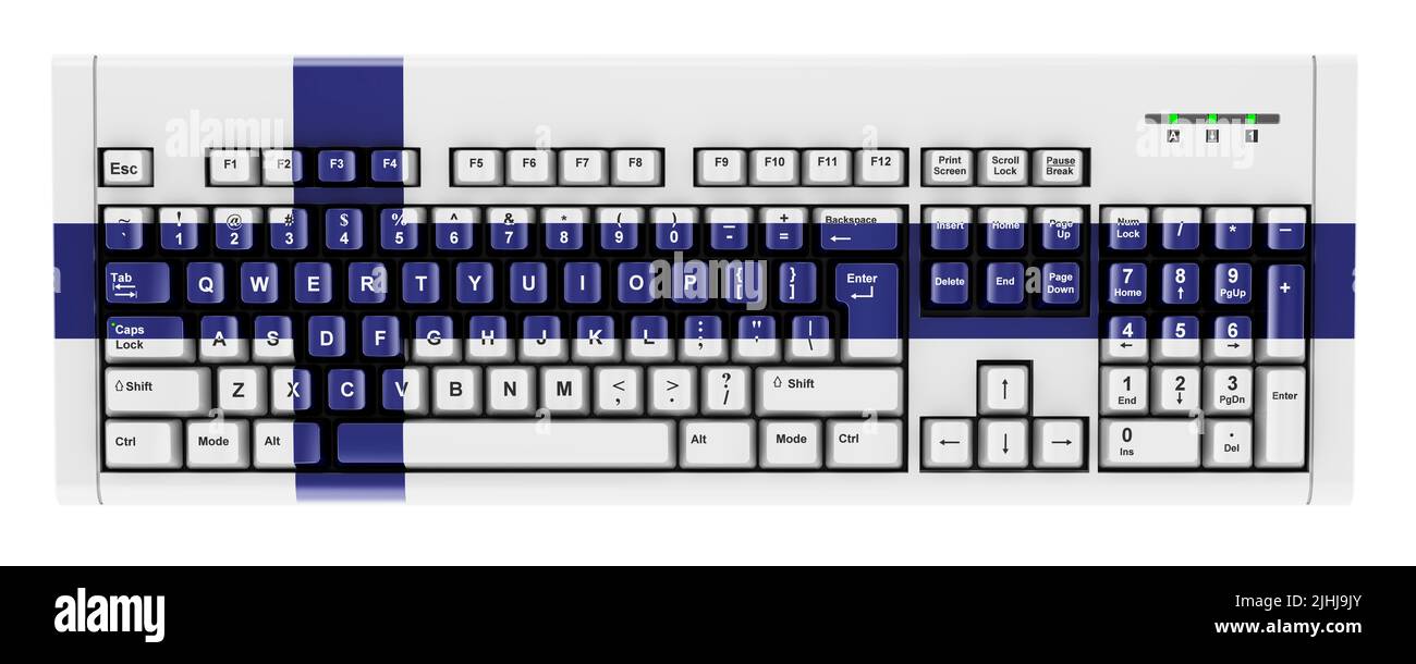 Finnish flag painted on computer keyboard. 3D rendering isolated on ...