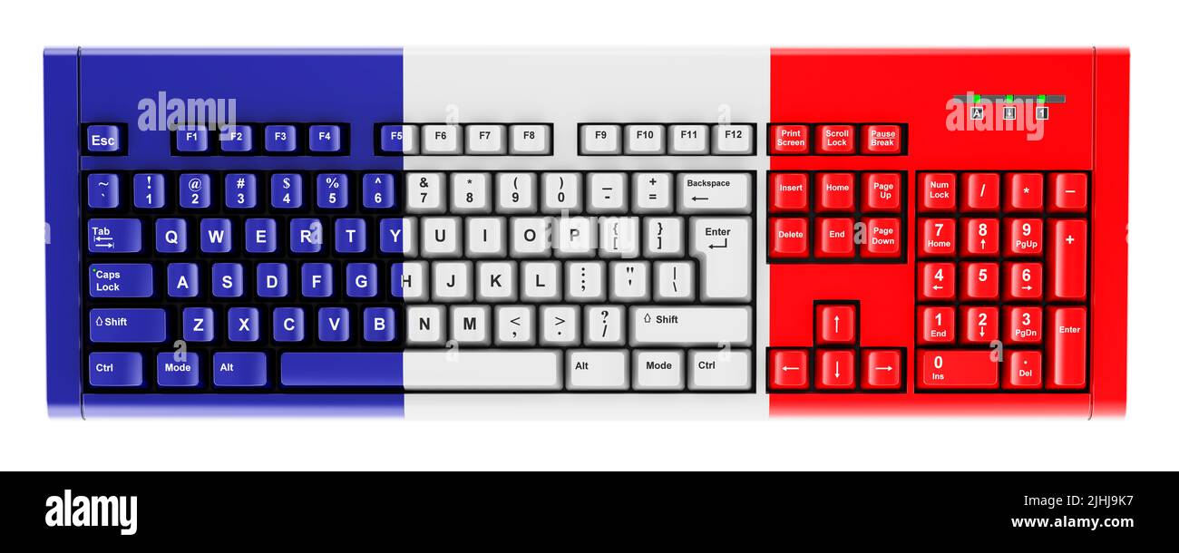 French flag painted on computer keyboard. 3D rendering isolated on ...