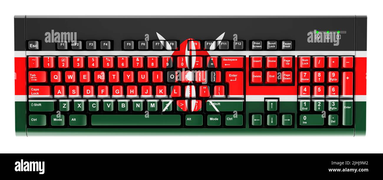 Kenyan flag painted on computer keyboard. 3D rendering isolated on ...