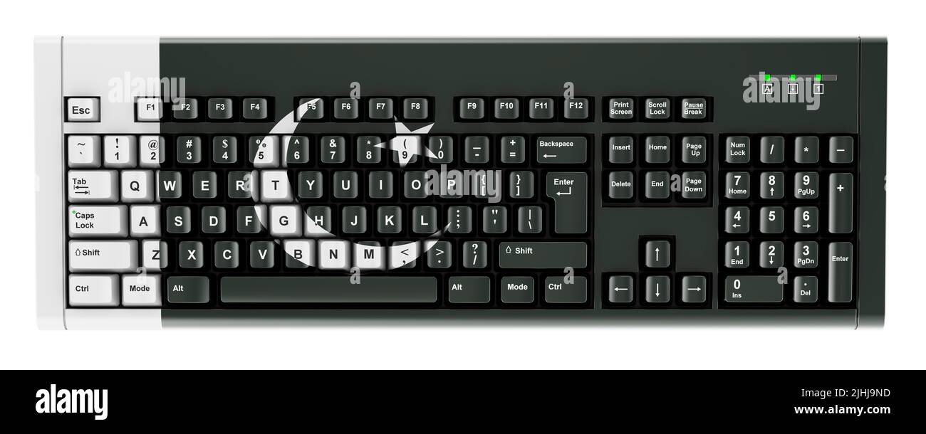 Pakistani flag painted on computer keyboard. 3D rendering isolated on ...
