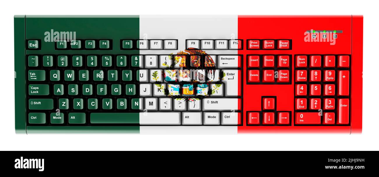 Mexican flag painted on computer keyboard. 3D rendering isolated on ...