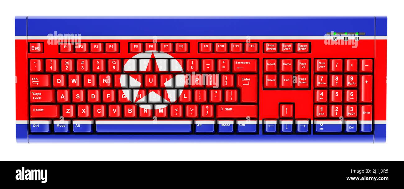 North Korean flag painted on computer keyboard. 3D rendering isolated ...