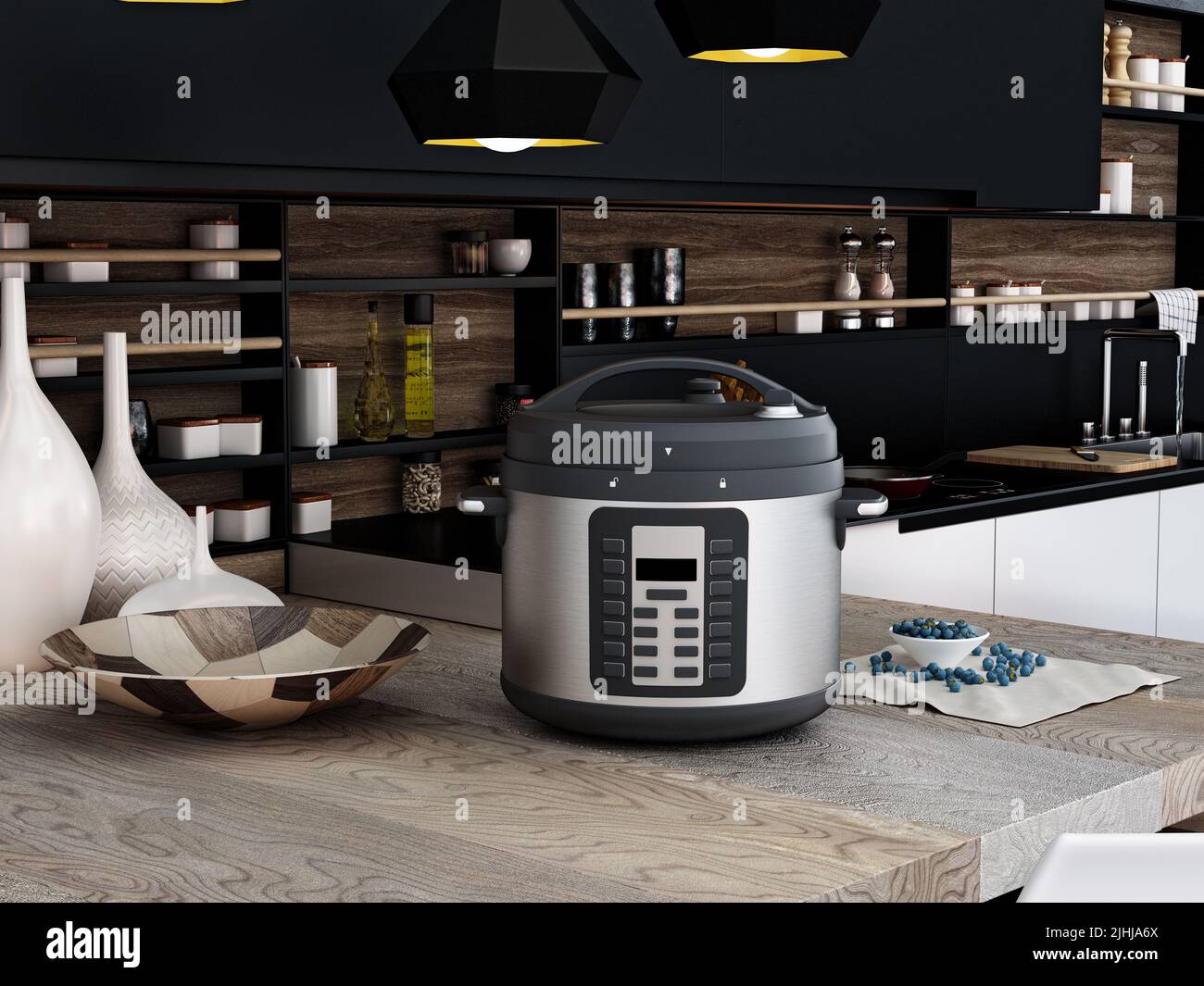 Electric pressure cooker in the kitchen. 3D illustration Stock Photo ...