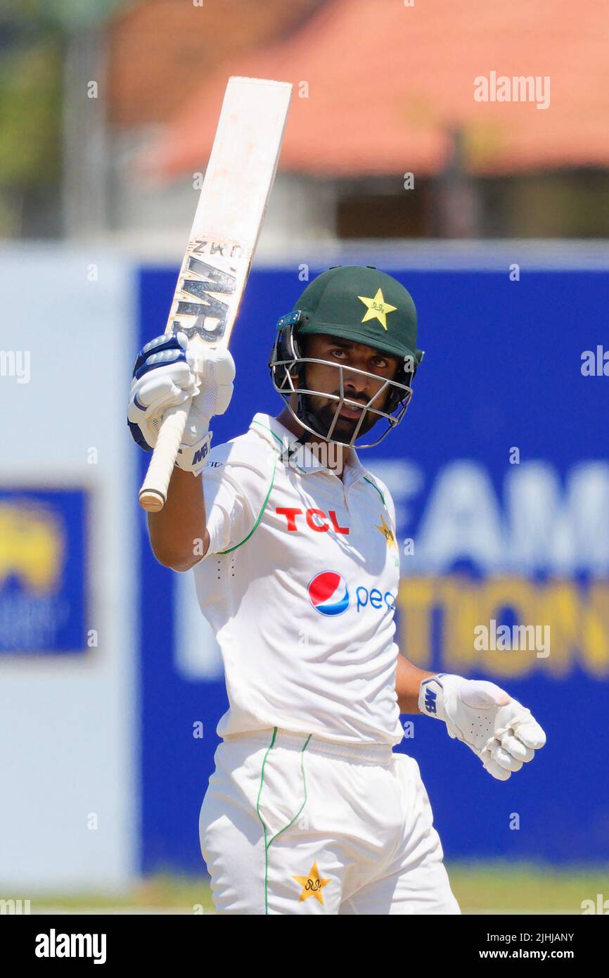 Galle, Sri Lanka. 19th July 2022. Pakistan's Abdullah Shafique raises ...