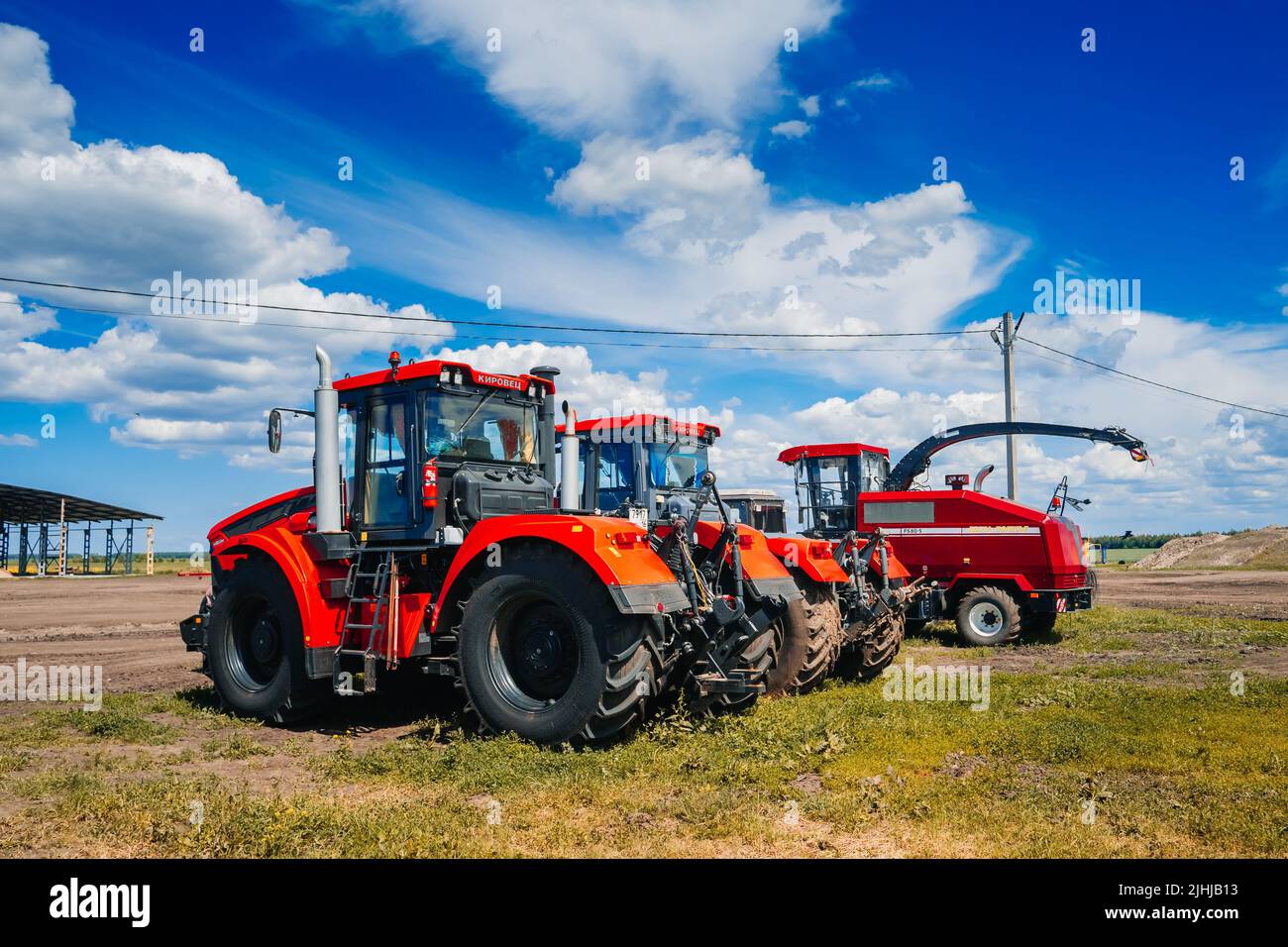Tatarstan, Russia. 2022, 14 June. Red modern powerful Kirovets tractors ...