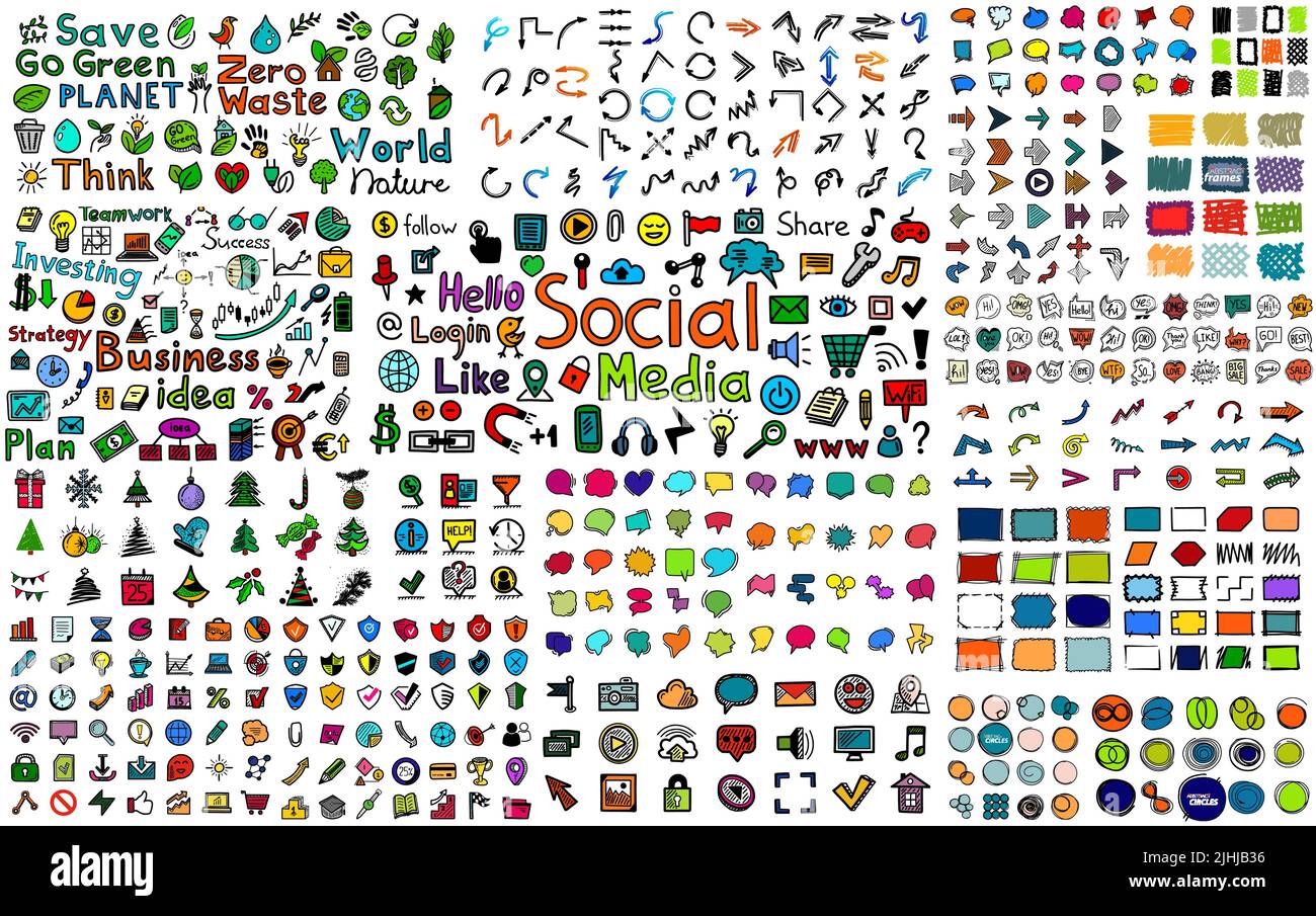 Huge mega collection of color hand drawn doodle icons - social ...