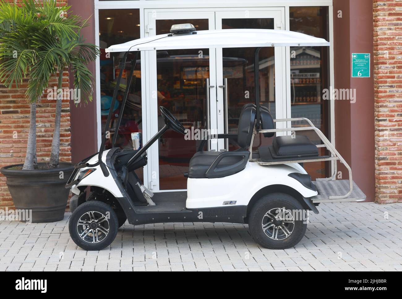 Golf cart and palm tree on blue in amber cove Stock Photo - Alamy