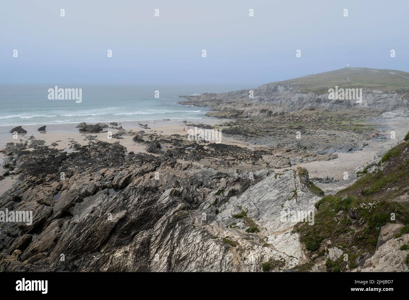 Sea mist at Little Fistral and Towan Head in Newquay in Cornwall in the ...