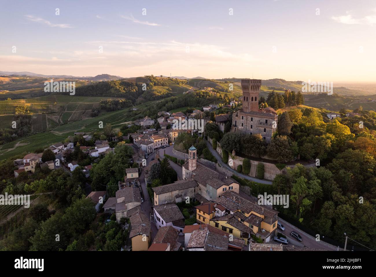 Aerial view of Cigognola Castle - vineyards and countryside in ...
