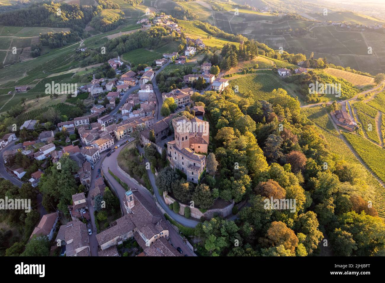 Aerial view of Cigognola Castle - vineyards and countryside in ...