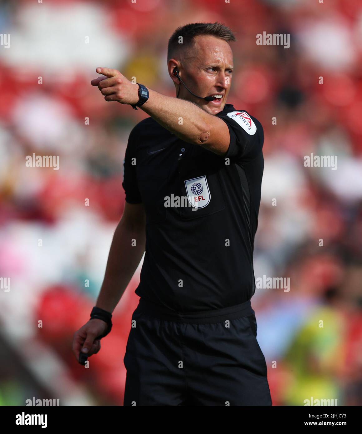 Referee John Busby during a pre-season friendly match at Oakwell ...