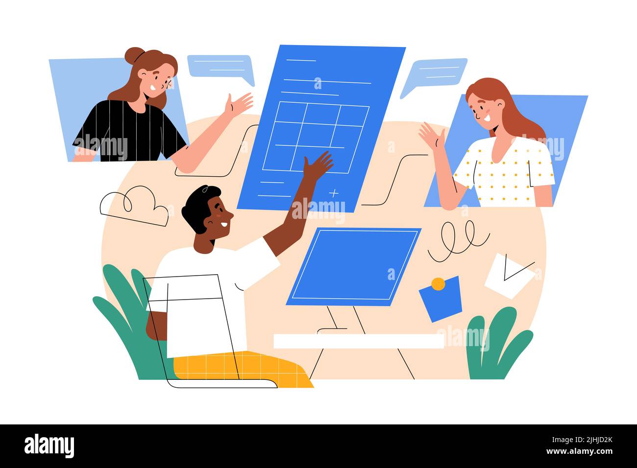 Team working together, using cloud software, working at a document from ...