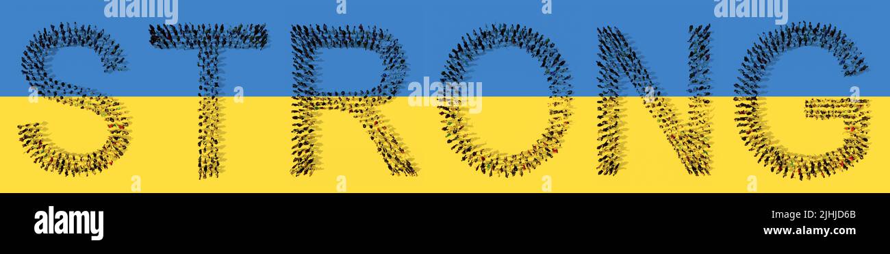 Concept or conceptual large community of people forming the word STRONG ...