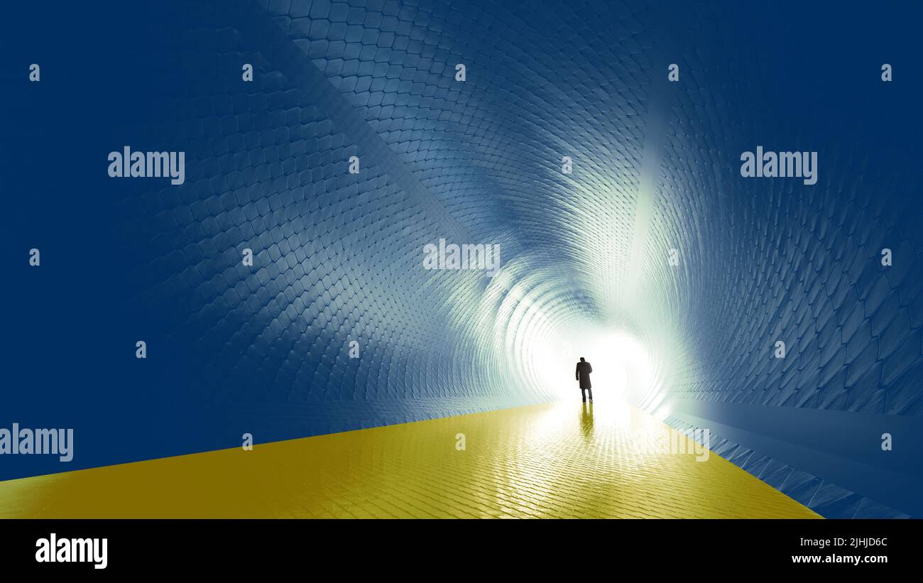 Concept or conceptual blue and yellow tunnel, the Ukrainian flag colors ...