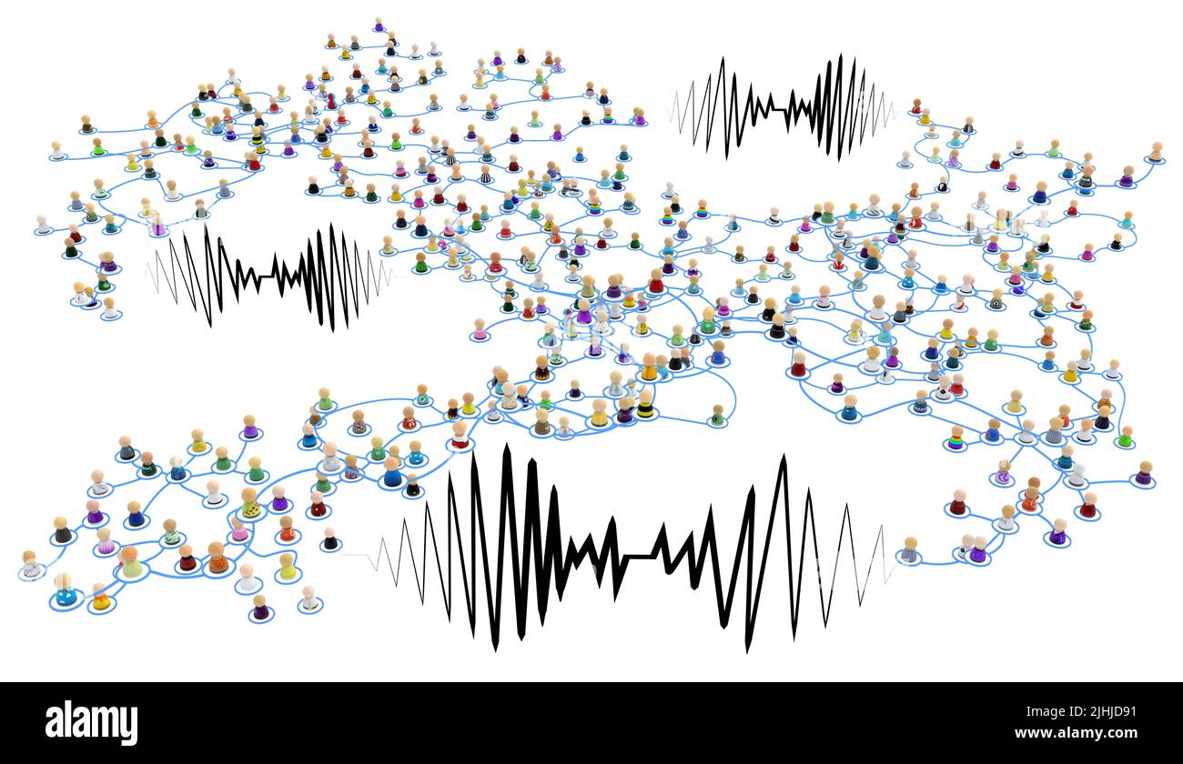 Crowd of small symbolic 3d figures linked by lines, complex layered ...