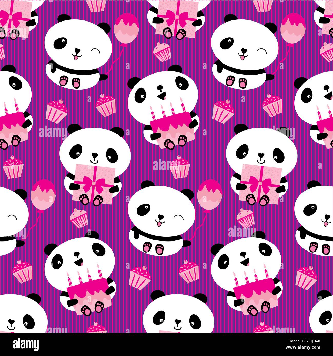 Kawaii panda birthday vector seamless pattern background. Cute backdrop ...