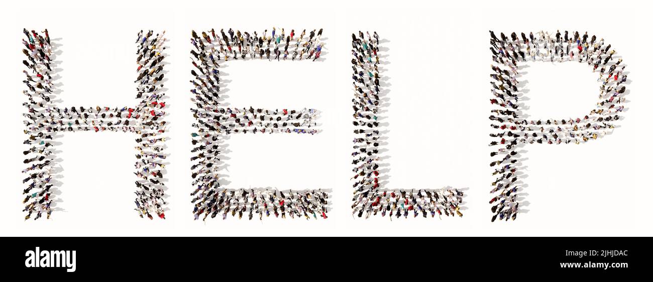 Concept conceptual large community of people forming HELP slogan. 3d illustration metaphor for ...