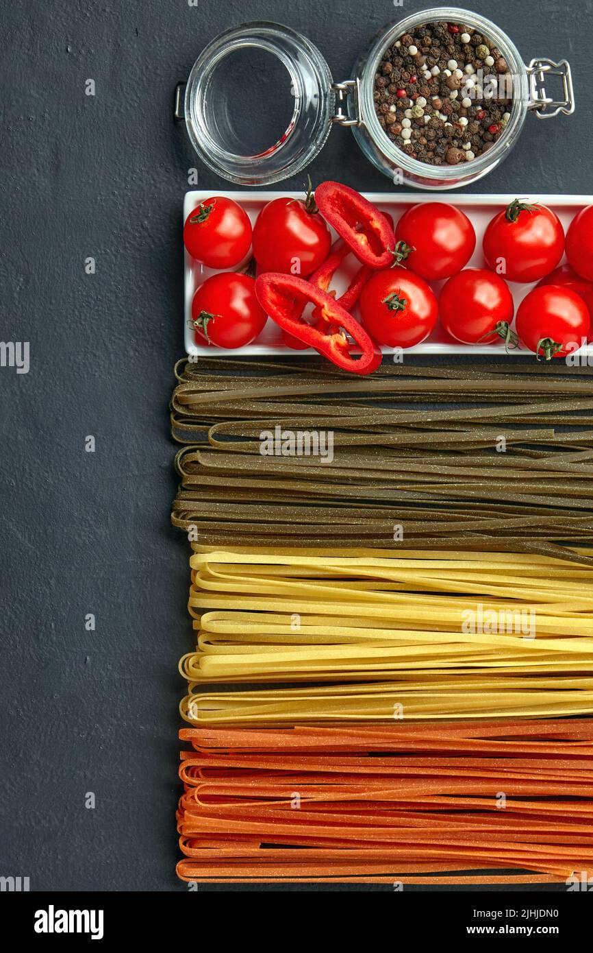 Homemade pasta noodles in different colors with natural vegetable ...