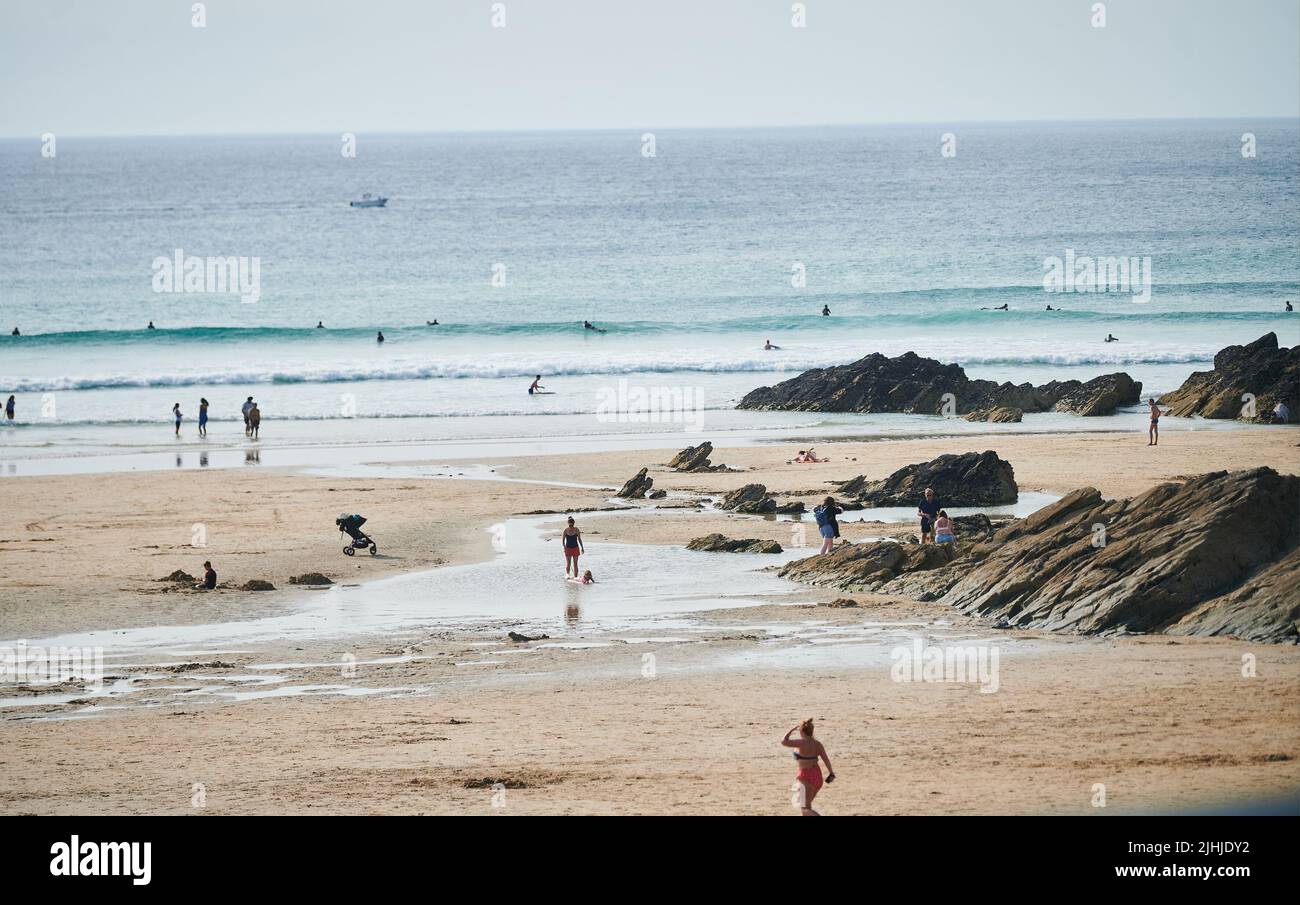 Cornwall, UK. 17th July, 2022. Surfers and bathers still cavort in the ...