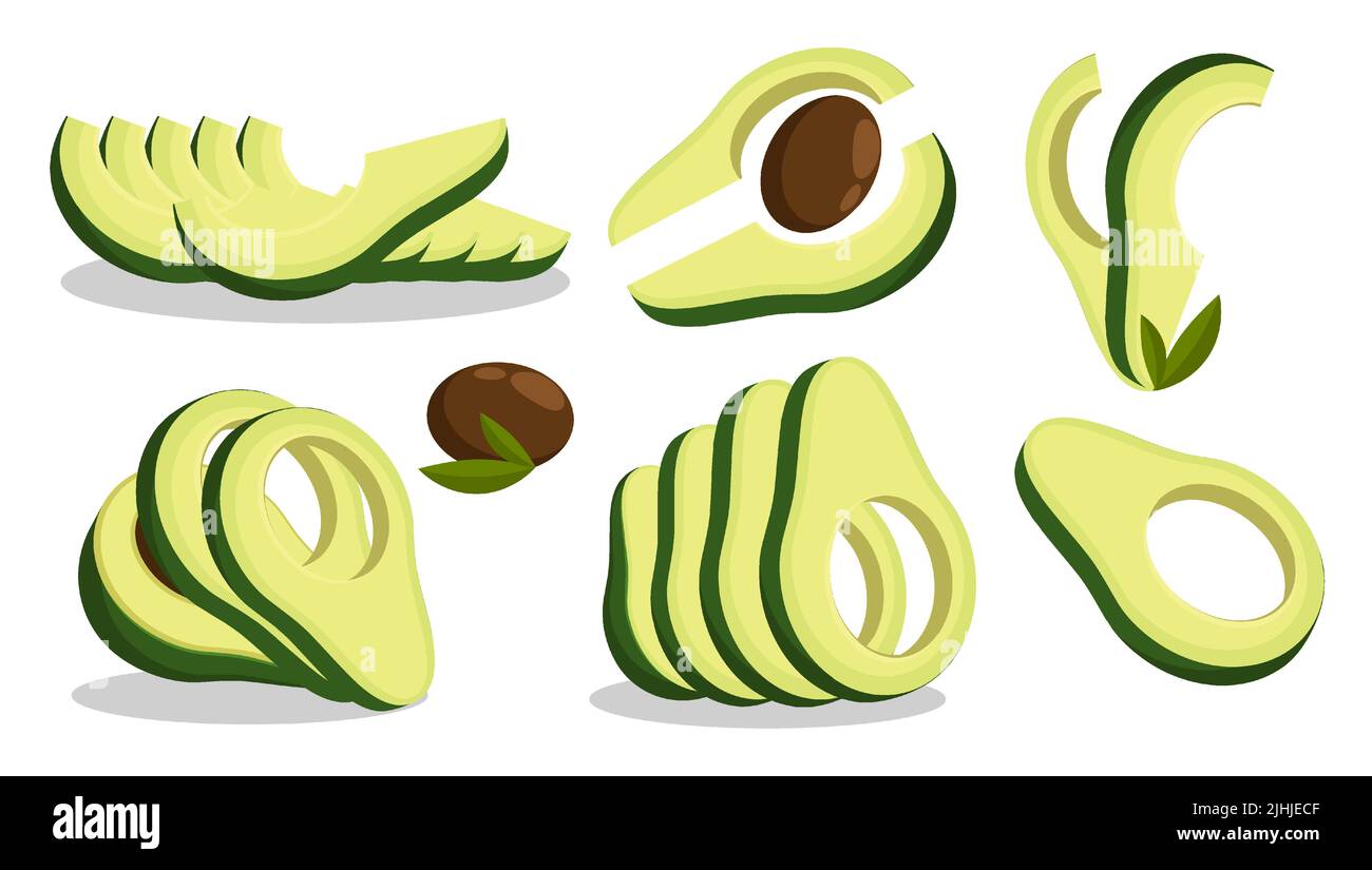Avocado cutting set. Avocado wedges and slices, halved and thinly ...