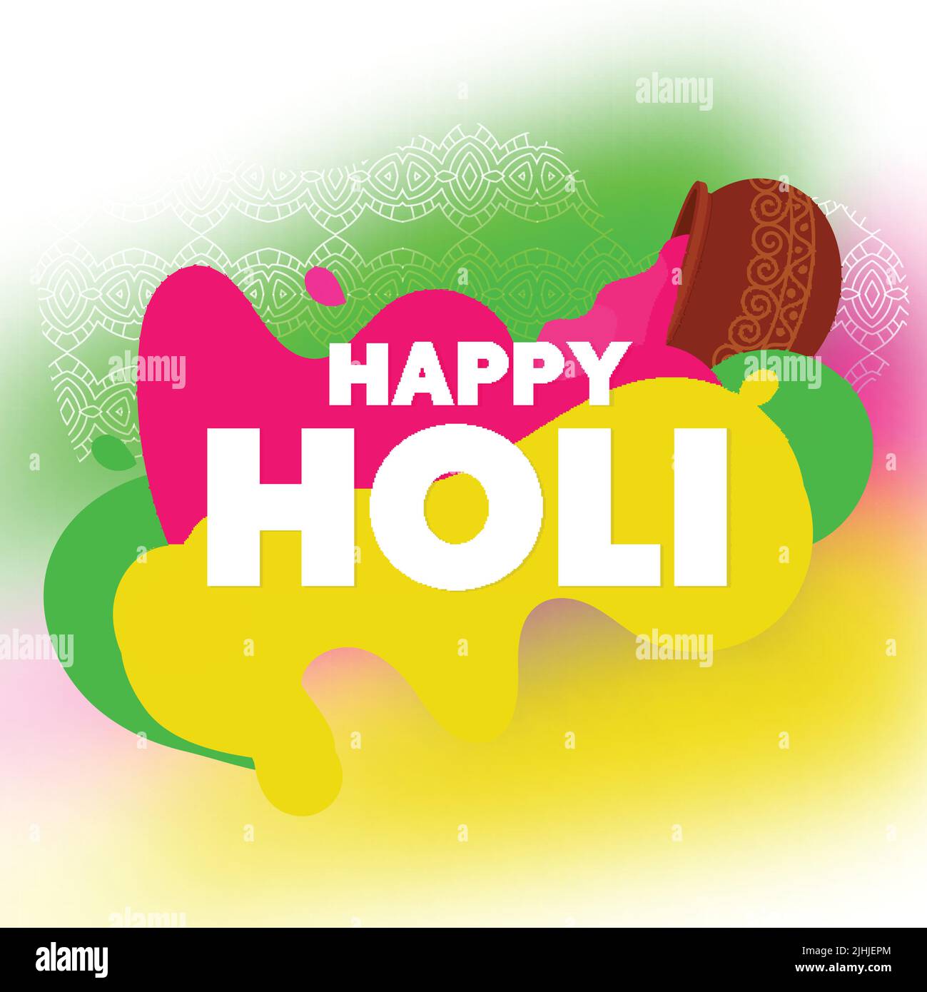 Happy Holi Font With Color Flowing Out From Mud Pot On Abstract ...