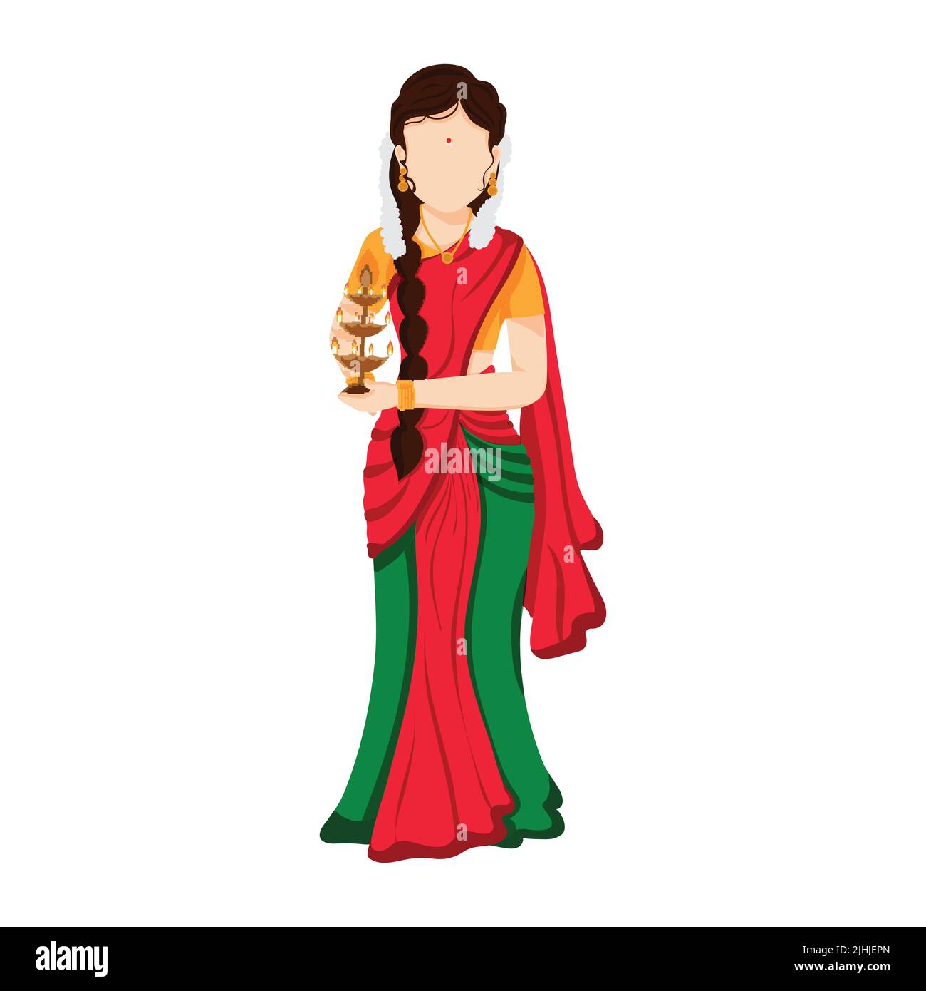 South Indian Woman Holding Stand Of Lit Oil Lamp (Diya) In Standing ...