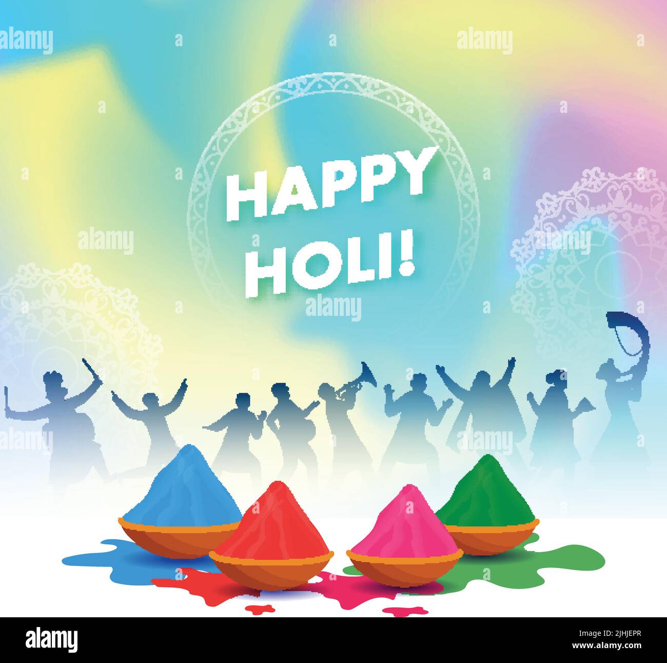 Happy Holi Celebration Background With Bowls Full Of Dry Color (Powder ...