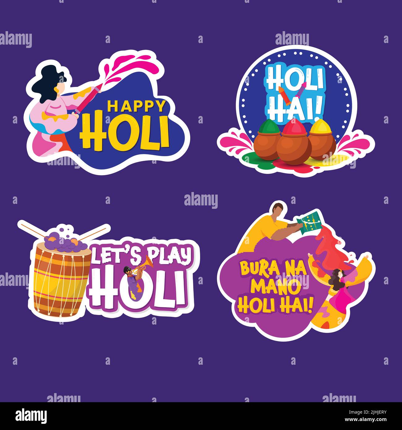 Collection Of Happy Holi Festival Stickers With People Enjoying On ...